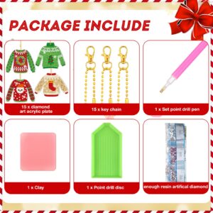 15 Pieces Christmas Ugly Sweater Diamond Painting Keychain 5d Sweater Diamond Art Keychains Christmas Diamond Painting Kits for Xmas DIY Crafts Hanging Ornaments Home Decor