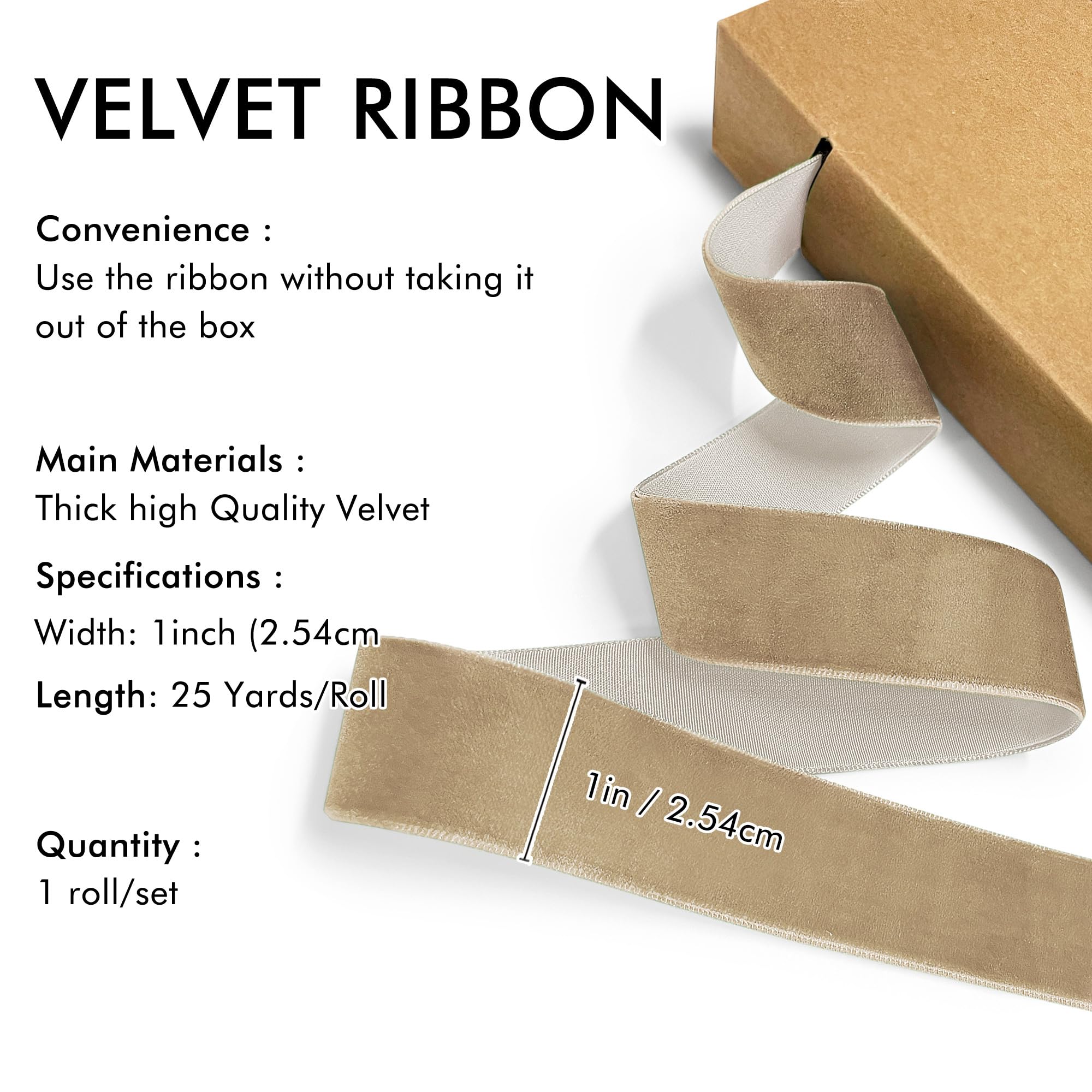 Khaki Velvet Ribbon 1'' 25 Yards for Christmas Tree, Gift Wrapping, Flower Bouquet, Wreath Decorations, Bow Making