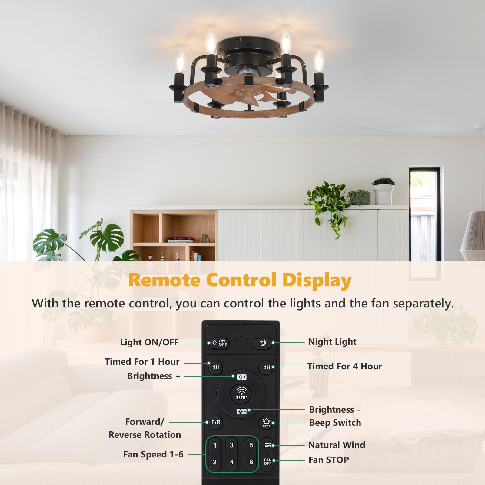 LAMSU Dimmable Ceiling Fans with Lights and Remote, 19.3" Farmhouse Low Profile Ceiling Fan with LED Bulbs, Timer, 6 Speeds, Reversible Rustic Flush Mount Ceiling Fan with Light for Bedroom Kitchen