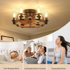 LAMSU Dimmable Ceiling Fans with Lights and Remote, 19.3" Farmhouse Low Profile Ceiling Fan with LED Bulbs, Timer, 6 Speeds, Reversible Rustic Flush Mount Ceiling Fan with Light for Bedroom Kitchen