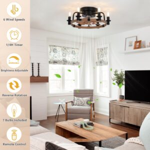 LAMSU Dimmable Ceiling Fans with Lights and Remote, 19.3" Farmhouse Low Profile Ceiling Fan with LED Bulbs, Timer, 6 Speeds, Reversible Rustic Flush Mount Ceiling Fan with Light for Bedroom Kitchen