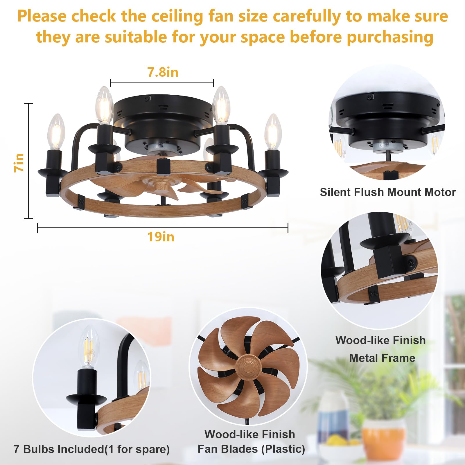 LAMSU Dimmable Ceiling Fans with Lights and Remote, 19.3" Farmhouse Low Profile Ceiling Fan with LED Bulbs, Timer, 6 Speeds, Reversible Rustic Flush Mount Ceiling Fan with Light for Bedroom Kitchen