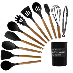 12-piece silicone cooking utensil set, bpa free kitchen utensils set, heat resistant silicone kitchenware,kitchen gadgets,cookware friendly – essential kitchen tools collection(black)