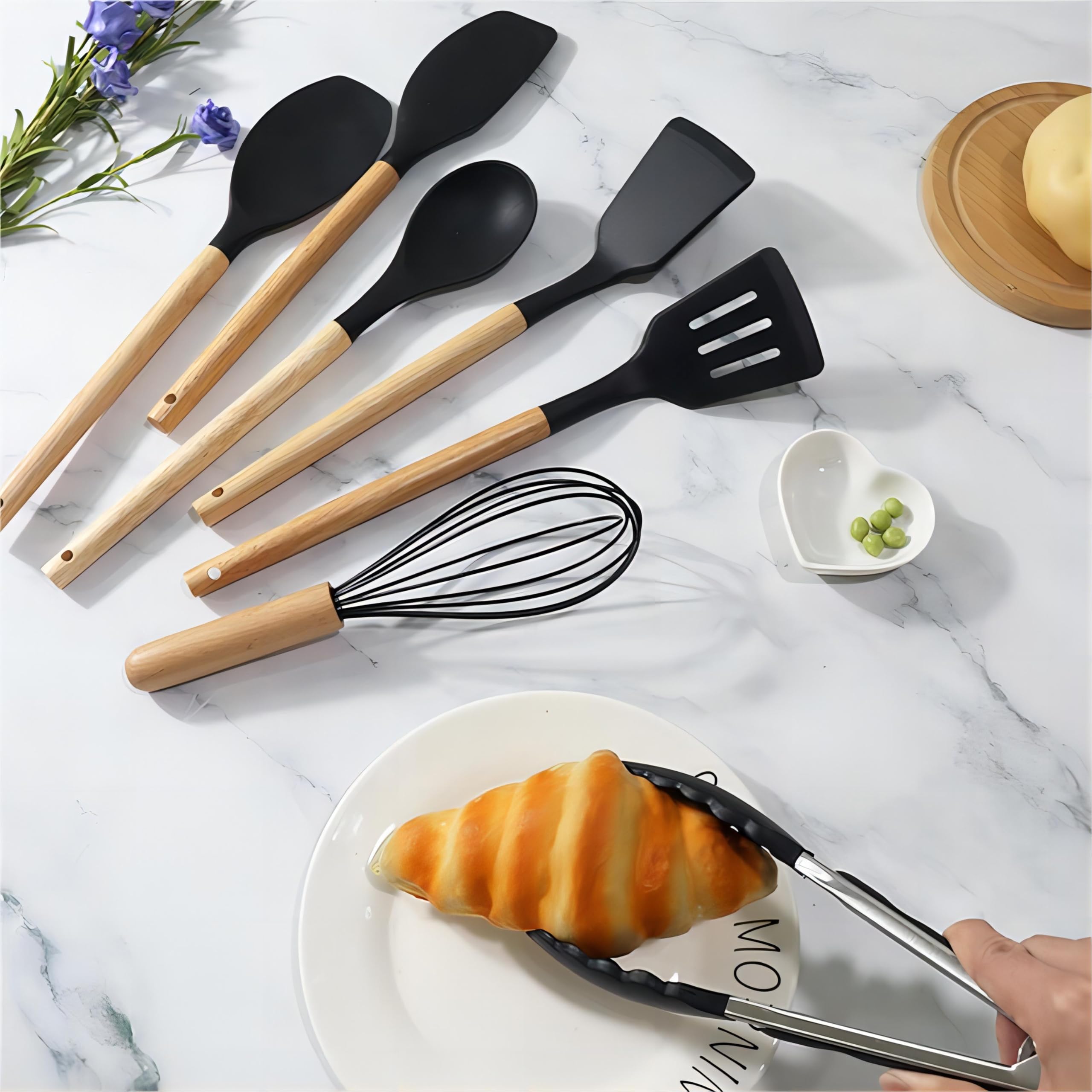 12-Piece Silicone Cooking Utensil Set, BPA Free Kitchen Utensils set, Heat Resistant Silicone Kitchenware,Kitchen Gadgets,Cookware Friendly – Essential Kitchen Tools Collection(Black)