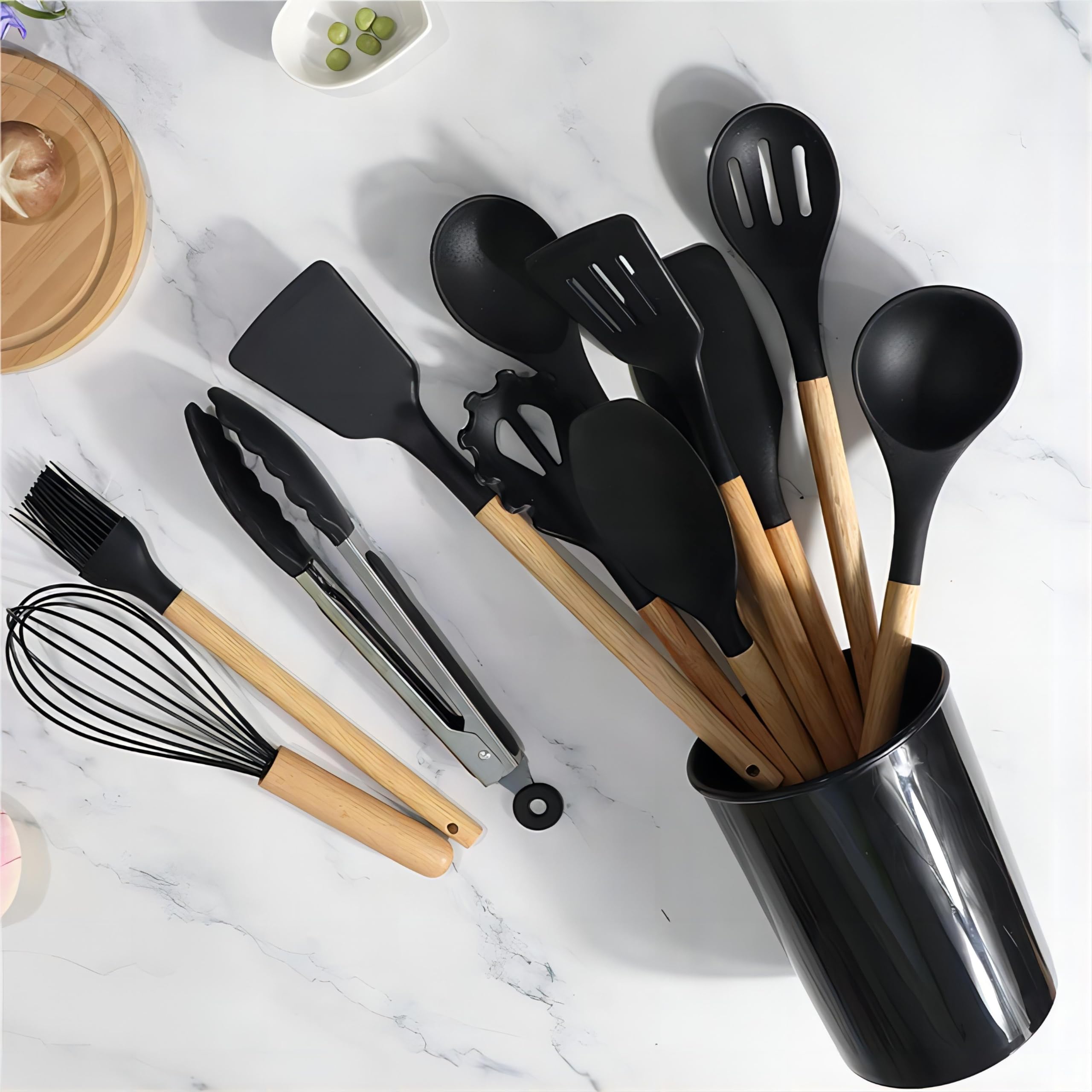 12-Piece Silicone Cooking Utensil Set, BPA Free Kitchen Utensils set, Heat Resistant Silicone Kitchenware,Kitchen Gadgets,Cookware Friendly – Essential Kitchen Tools Collection(Black)