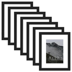 picrit 8x10 picture frame set of 7, display 5 x 7 with mat or 8 x 10 without mat, photo frames for wall mounting or table top display, black.