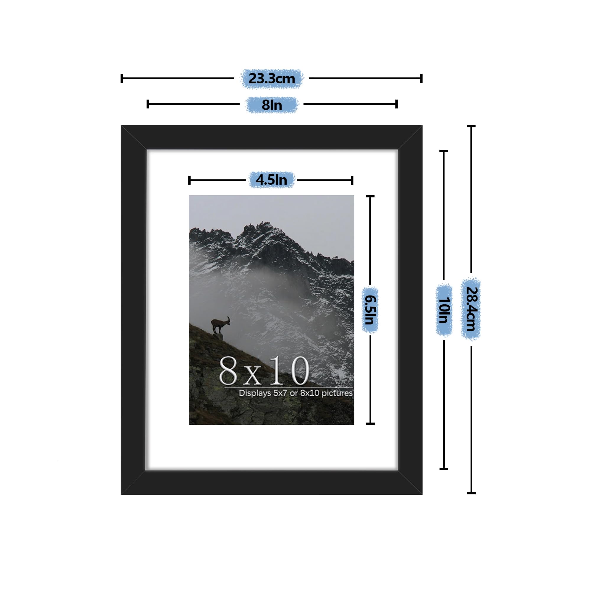 Picrit 8x10 Picture Frame Set of 7, Display 5 x 7 with Mat or 8 x 10 Without Mat, Photo Frames for Wall Mounting or Table Top Display, Black.