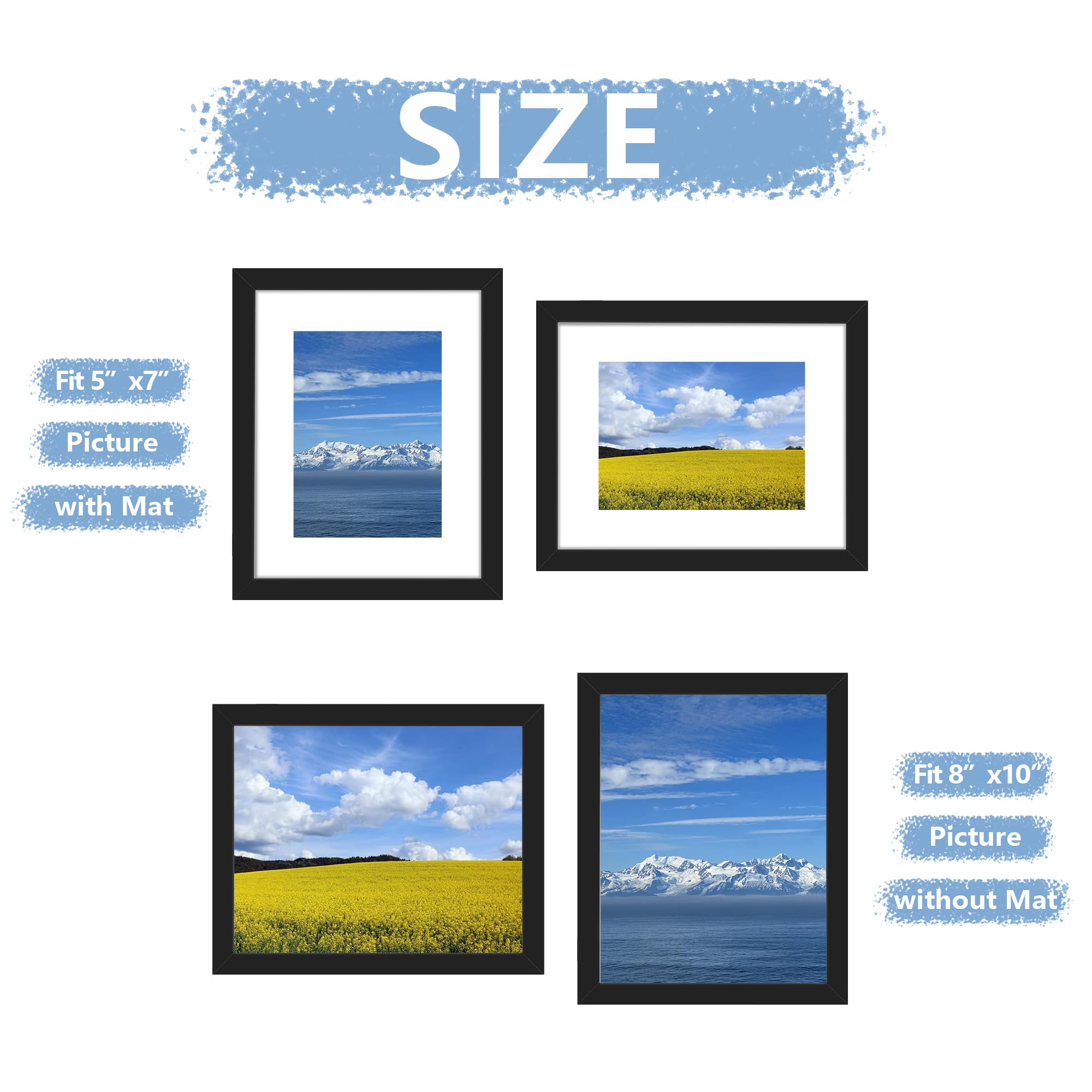 Picrit 8x10 Picture Frame Set of 7, Display 5 x 7 with Mat or 8 x 10 Without Mat, Photo Frames for Wall Mounting or Table Top Display, Black.