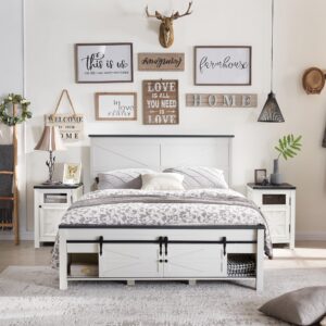 jxqtlingmu farmhouse wood bed frame queen size with sliding barn door storage cabinets and headboard, solid wood slats support, noiseless, no box spring needed, antique white