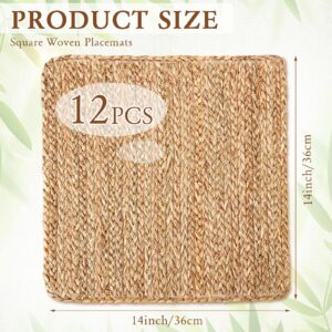 Jinei 12 Pcs Jute Braided Placemats Square Jute Placemats Rattan Straw Woven Placemats 14x14 Inch Water Hyacinth Woven Placemats Boho Table Mats for Home Holiday Party Farmhouse Dining Table