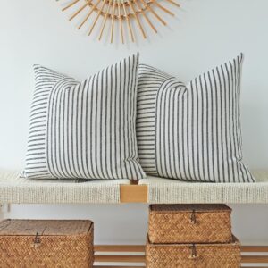 jojusis black and beige patchwork farmhouse pillow covers 18x18 inch, pack of 2 striped linen decorative modern accent pillow cases for sofa couch bedroom 18 x 18