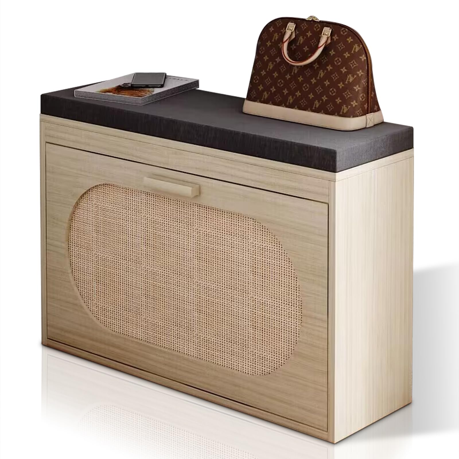 HomVent Rattan Shoe Rack, Shoe Cabinet with Flip-Drawer and Seat Cushion, Hallway Shoe Bench,