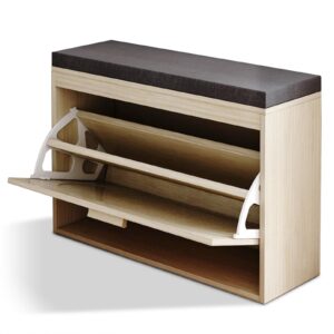 HomVent Rattan Shoe Rack, Shoe Cabinet with Flip-Drawer and Seat Cushion, Hallway Shoe Bench,