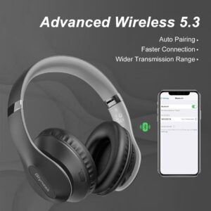 Glynzak Wireless Bluetooth Headphones Over Ear, 65H Playtime HiFi Stereo Headset with Microphone and 6EQ Modes Foldable V5.3 Bluetooth Wireless Headphones for Travel Computer Laptop(Grey) (WH207A)