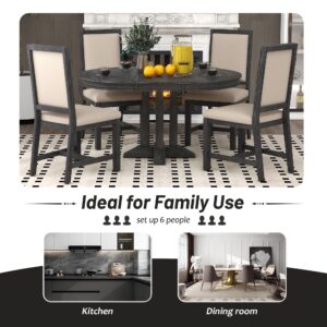 VilroCaz Farmhouse 5-Piece Dining Table Set, Extendable Round Table and 4 Upholstered Chairs, Solid Wood Dining Set of 5, Seats up to 6 People for Kitchen Dining Room (Black-e)