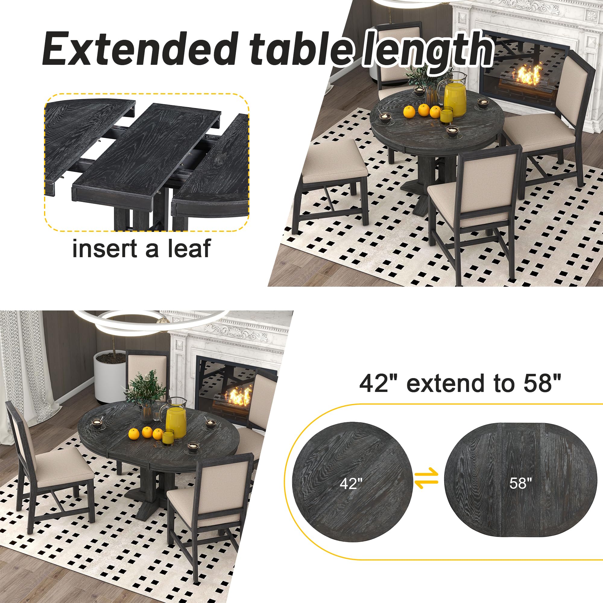 VilroCaz Farmhouse 5-Piece Dining Table Set, Extendable Round Table and 4 Upholstered Chairs, Solid Wood Dining Set of 5, Seats up to 6 People for Kitchen Dining Room (Black-e)