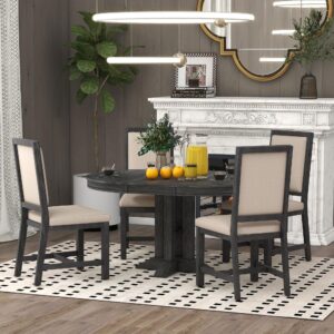 VilroCaz Farmhouse 5-Piece Dining Table Set, Extendable Round Table and 4 Upholstered Chairs, Solid Wood Dining Set of 5, Seats up to 6 People for Kitchen Dining Room (Black-e)