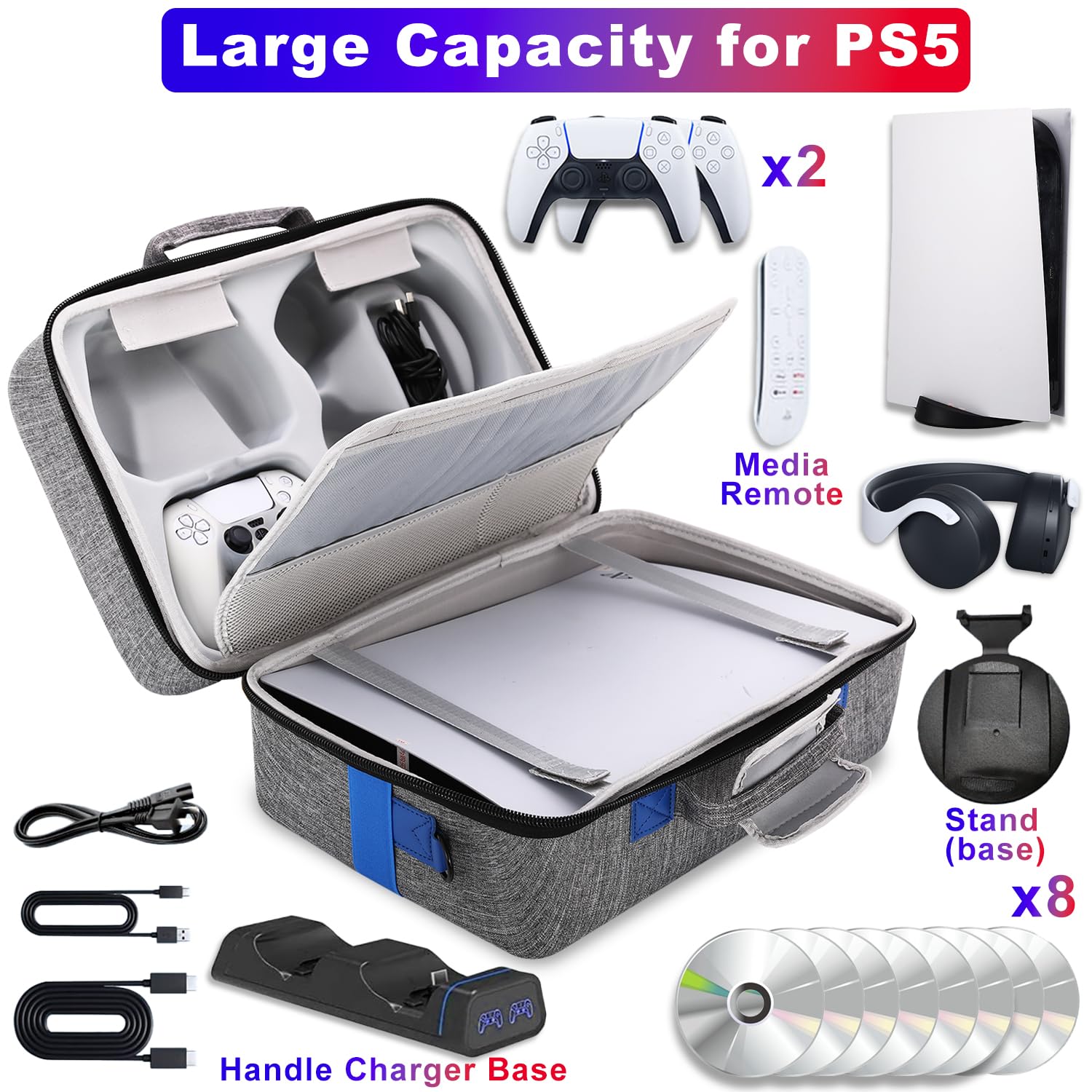 Hard Shell Carrying Case for PS5, Travel Case Compatible with PS5 Console Controller, Protective Storage Bag for Playstation 5 Disk Digital Edition, Headset, Base and Game Accessories, Shockproof