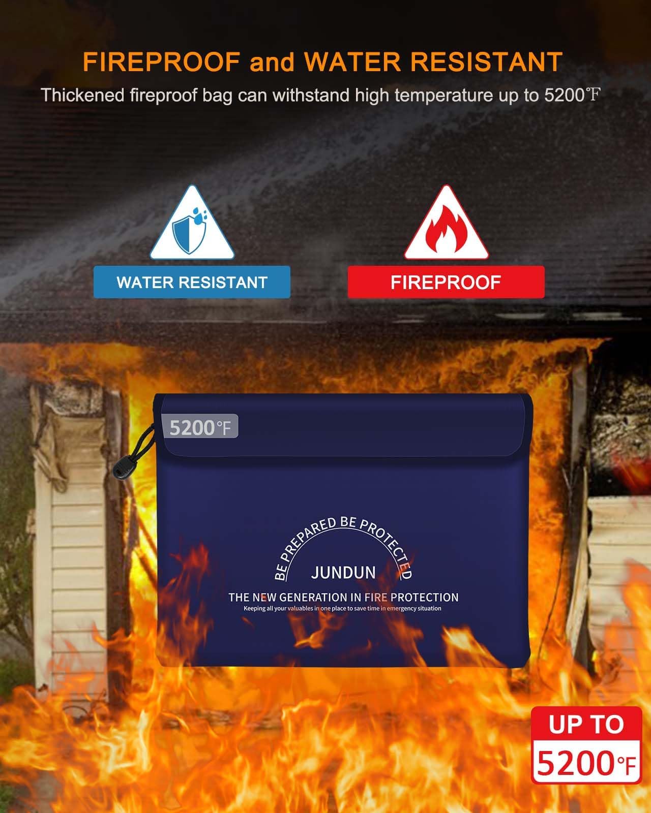 Fireproof Document Bag with 5200℉ Heat Insulated,14.0”x10.4” Waterproof and Fireproof Money Bag,8 Layers Thickened Fire Safe Storage Bag Pouch with Zipper for Document,Money and Cash,Blue