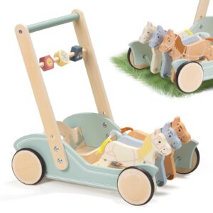 giant bean wooden baby walker for boys girls ages 1+, galloping ponies push and pull activity walker adjustable speed, baby push walker gift for toddler kids motor skills & stimulates creativity