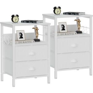 furologee nightstands set 2, end table with 2 fabric drawers, bedside table with 2 hooks, open wood shelf side sofa table for bedroom/living room/hallway/white