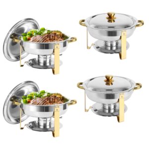 imacone chafing dish buffet set of 4, 5qt round stainless steel chafer for catering, upgraded chafers and buffet warmer sets w/food & water pan, lid, gold frame, fuel holder for party wedding holiday