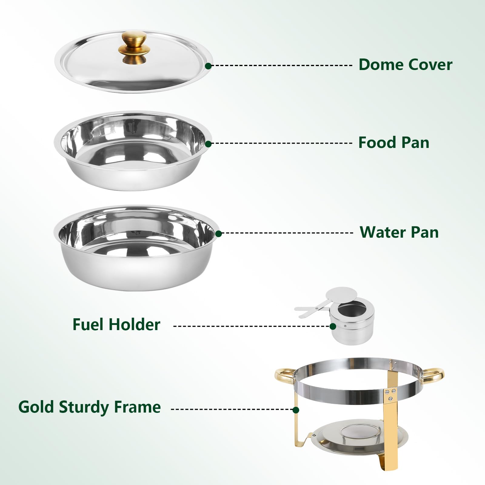 IMACONE Chafing Dish Buffet Set of 4, 5QT Round Stainless Steel Chafer for Catering, Upgraded Chafers and Buffet Warmer Sets w/Food & Water Pan, Lid, Gold Frame, Fuel Holder for Party Wedding Holiday