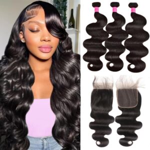 body wave bundles with closure human hair (16 18 20 +14) brazilian human hair 3 bundles with 4x4 hd lace closure free part 10a grade 100% unprocessed virgin hair body wave bundles natural color