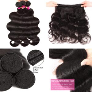 Body Wave Bundles with Closure Human Hair (16 18 20 +14) Brazilian Human Hair 3 Bundles with 4x4 HD Lace Closure Free Part 10A Grade 100% Unprocessed Virgin Hair Body Wave Bundles Natural Color