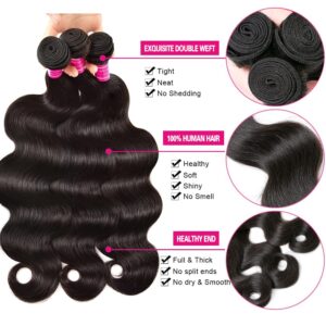 Body Wave Bundles with Closure Human Hair (16 18 20 +14) Brazilian Human Hair 3 Bundles with 4x4 HD Lace Closure Free Part 10A Grade 100% Unprocessed Virgin Hair Body Wave Bundles Natural Color