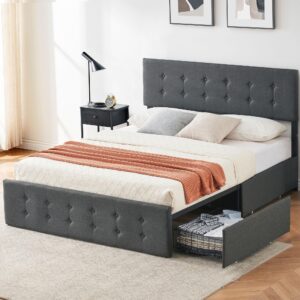 idealhouse queen bed frame with 4 storage drawers,grey queen size upholstered platform bed frame with headboard and wooden slats support no box spring needed