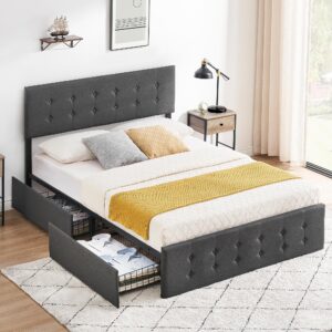 IDEALHOUSE Queen Bed Frame with 4 Storage Drawers,Grey Queen Size Upholstered Platform Bed Frame with Headboard and Wooden Slats Support No Box Spring Needed