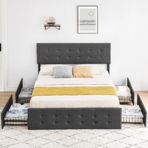 IDEALHOUSE Queen Bed Frame with 4 Storage Drawers,Grey Queen Size Upholstered Platform Bed Frame with Headboard and Wooden Slats Support No Box Spring Needed