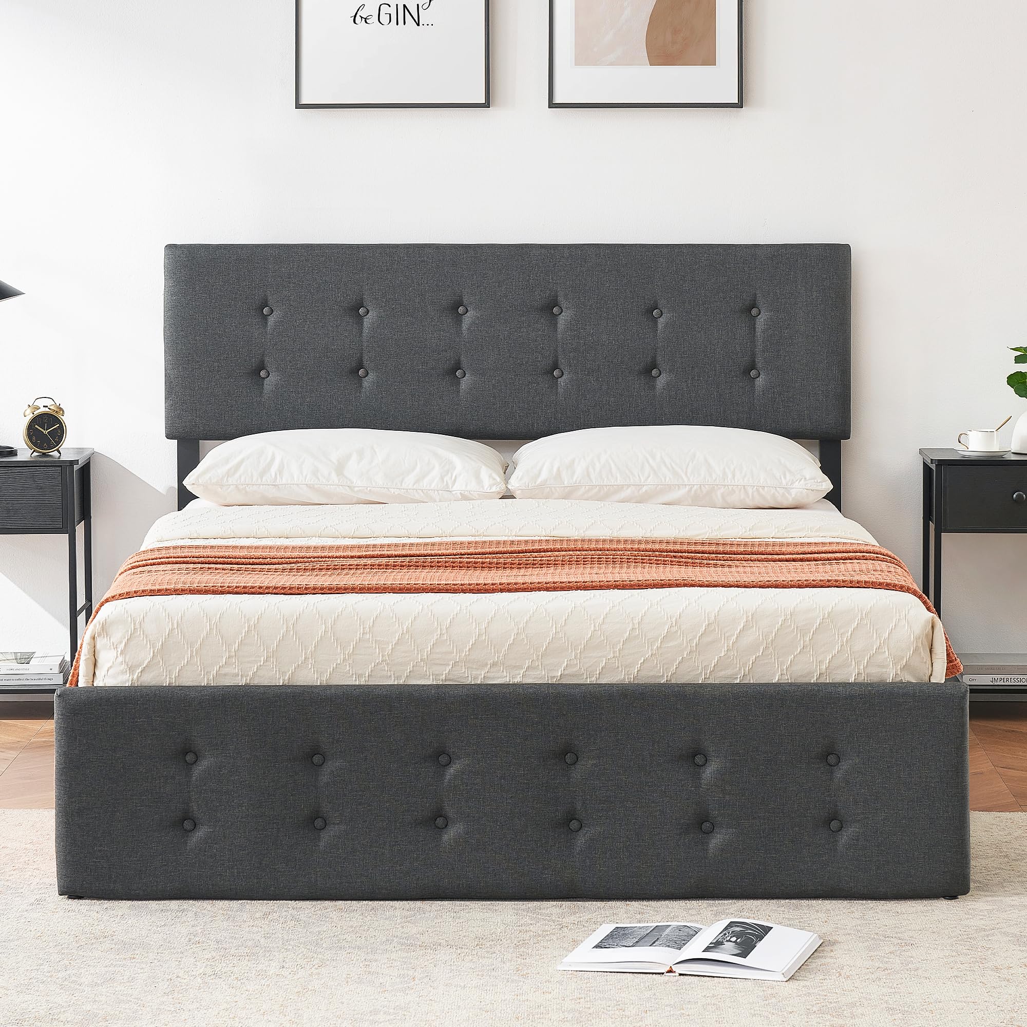 IDEALHOUSE Queen Bed Frame with 4 Storage Drawers,Grey Queen Size Upholstered Platform Bed Frame with Headboard and Wooden Slats Support No Box Spring Needed