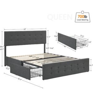 IDEALHOUSE Queen Bed Frame with 4 Storage Drawers,Grey Queen Size Upholstered Platform Bed Frame with Headboard and Wooden Slats Support No Box Spring Needed