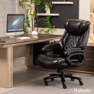 WILLMITA 500lbs Big and Tall Office Chair with Air Lumbar Support Executive Office Chair with Wide Spring Seat Home Office Desk Chair for Heavy People PU Leather 360 Swivel Computer Chair (Black)