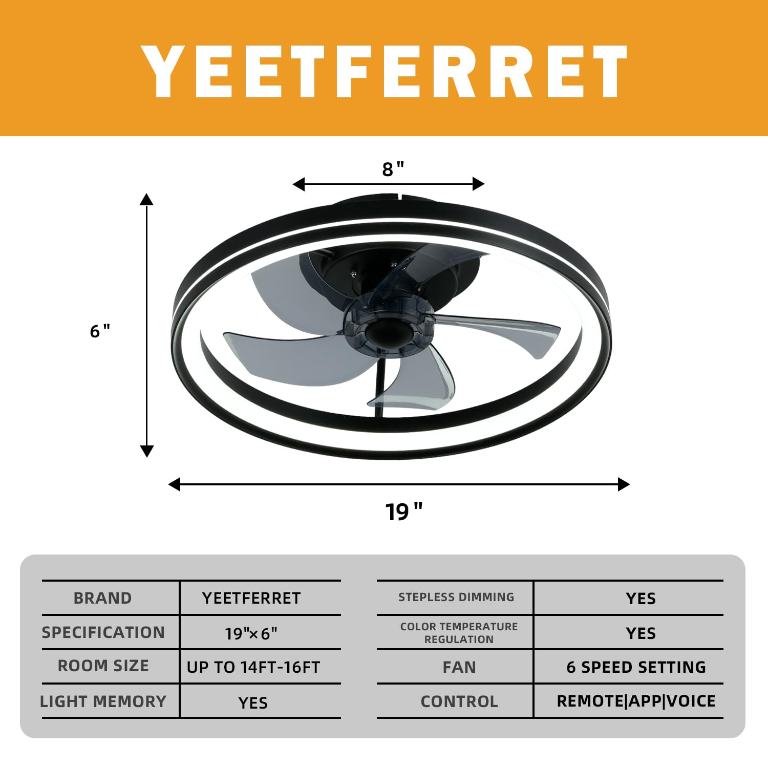 YeetFerret Smart Ceiling Fans with Light Compatible with Alexa and Google Assistant,Bladeless Ceiling Fan with Light Flush Mount 3 Color LED 6 Speeds Low Profile Ceiling Fan