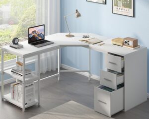 lvb white l shaped corner desk with drawers, reversible modern l-shaped computer desk with storage cabinet shelves, large wood l shape home office desk table for work study writing gaming, 60 inch