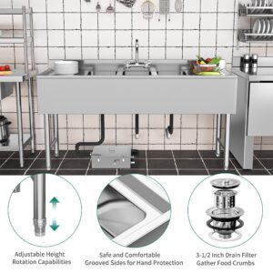 YITAHOME Kitchen Sink 3 Compartment Stainless Steel Sink with Double Drainboard NSF Commercial, Prep & Utility Freestanding Sink for Restaurant, Garage, Utility Sink for Outdoor 60" W x 16" D x 32" H