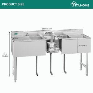 YITAHOME Kitchen Sink 3 Compartment Stainless Steel Sink with Double Drainboard NSF Commercial, Prep & Utility Freestanding Sink for Restaurant, Garage, Utility Sink for Outdoor 60" W x 16" D x 32" H