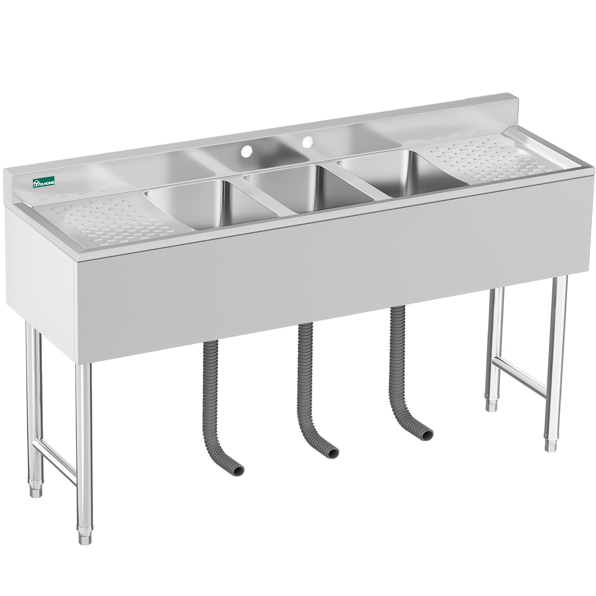 YITAHOME Kitchen Sink 3 Compartment Stainless Steel Sink with Double Drainboard NSF Commercial, Prep & Utility Freestanding Sink for Restaurant, Garage, Utility Sink for Outdoor 60" W x 16" D x 32" H