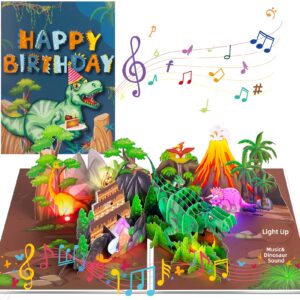 dinosaur musical birthday cards for kids boys girls - 3d pop up birthday greeting cards with colorful led light & blowout candle & birthday music - dinosaur theme birthday party gifts