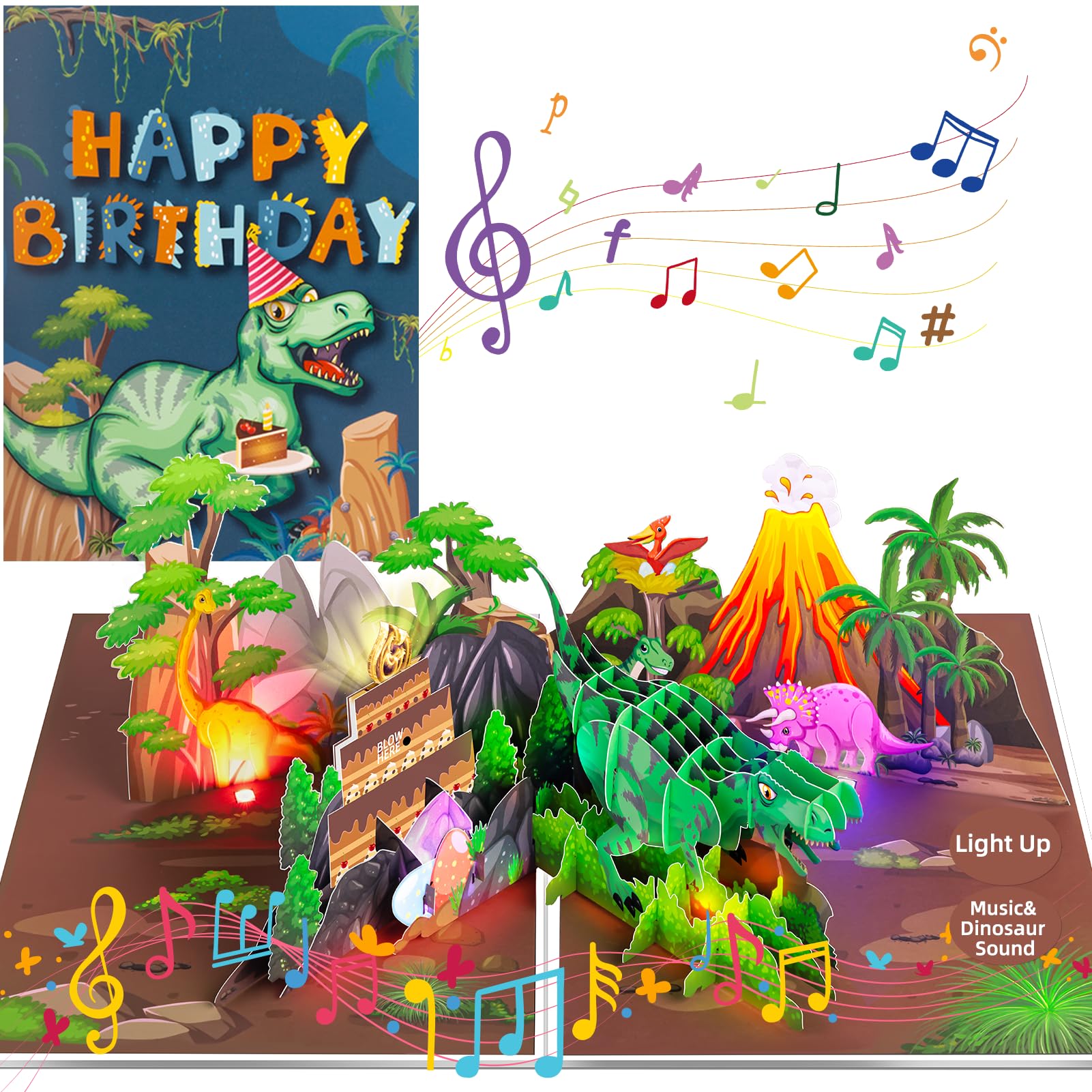 Dinosaur Musical Birthday Cards for Kids Boys Girls - 3D Pop Up Birthday Greeting Cards with Colorful LED Light & Blowout Candle & Birthday Music - Dinosaur Theme Birthday Party Gifts