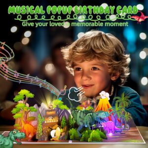 Dinosaur Musical Birthday Cards for Kids Boys Girls - 3D Pop Up Birthday Greeting Cards with Colorful LED Light & Blowout Candle & Birthday Music - Dinosaur Theme Birthday Party Gifts