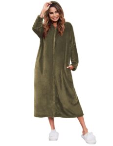 ekouaer womens long zipper robes casual luxury fleece robes winter soft comfy sleep robe army green l