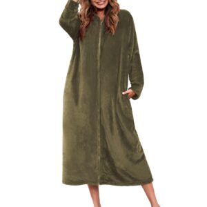 Ekouaer Womens Long Zipper Robes Casual Luxury Fleece Robes Winter Soft Comfy Sleep Robe Army Green L