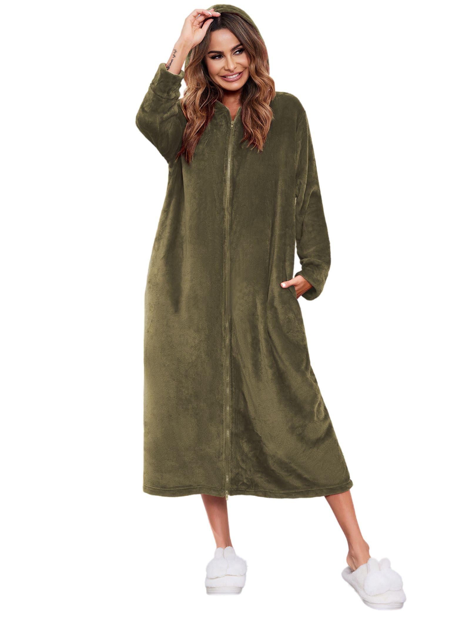 Ekouaer Womens Long Zipper Robes Casual Luxury Fleece Robes Winter Soft Comfy Sleep Robe Army Green L