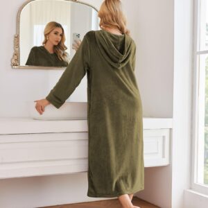 Ekouaer Womens Long Zipper Robes Casual Luxury Fleece Robes Winter Soft Comfy Sleep Robe Army Green L