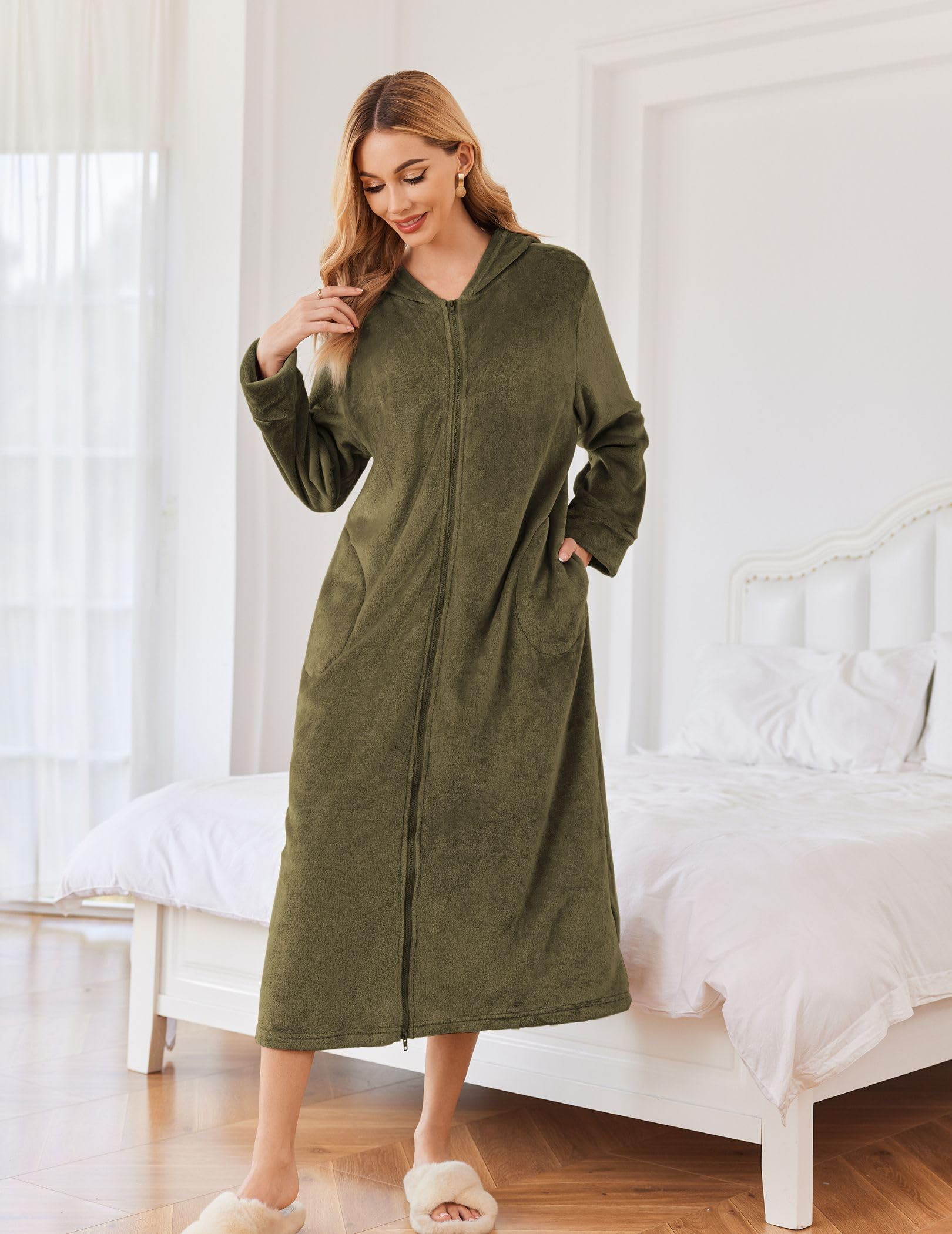 Ekouaer Womens Long Zipper Robes Casual Luxury Fleece Robes Winter Soft Comfy Sleep Robe Army Green L