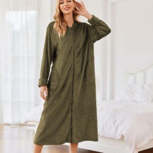 Ekouaer Womens Long Zipper Robes Casual Luxury Fleece Robes Winter Soft Comfy Sleep Robe Army Green L